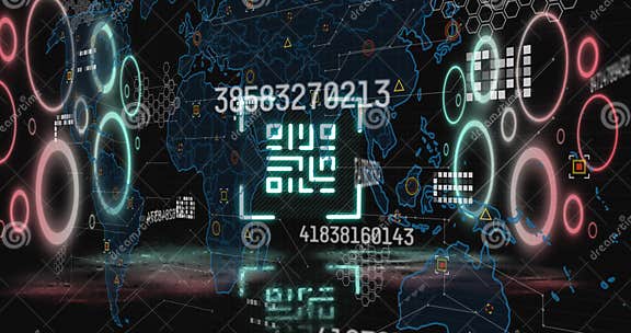 Image of Qr Code and Numbers Processing Over World Map Stock Image - Image of numeric, security ...