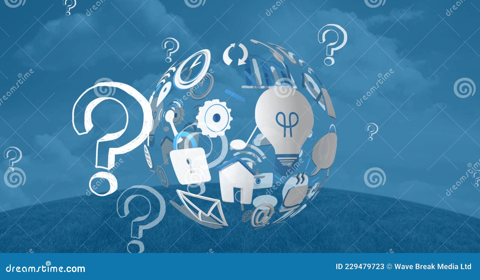 Image of Question Marks, Digital Icons and Globe Spinning on Blue ...