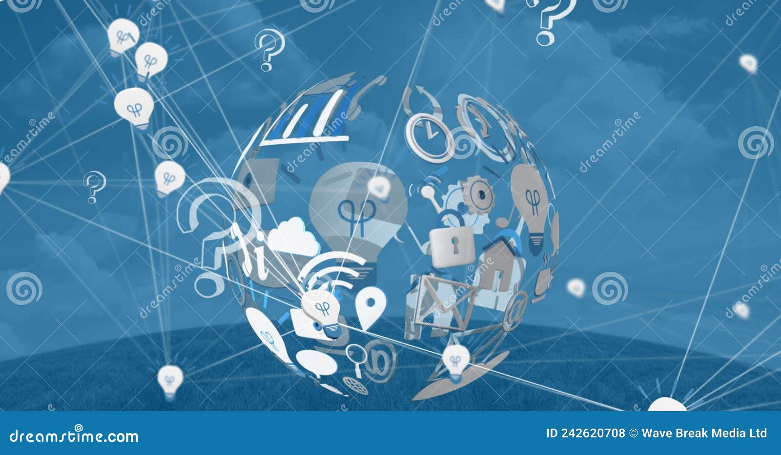 Image of Question Marks Over Globe with Media Icons Over Clouds Stock ...