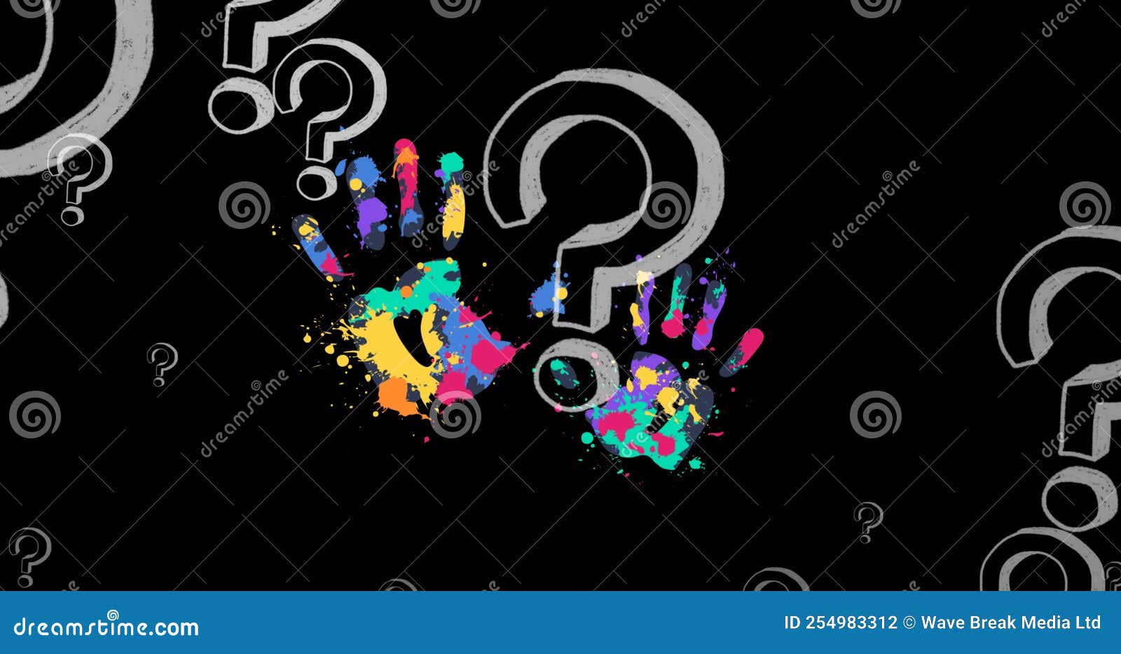 Image of Question Marks Over Handprints on Black Background Stock ...