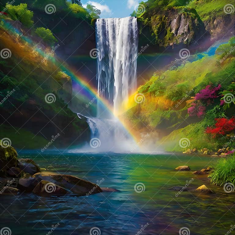 Image of a Rainbow Over a Waterfall Surrounded by Lush Vegetation ...