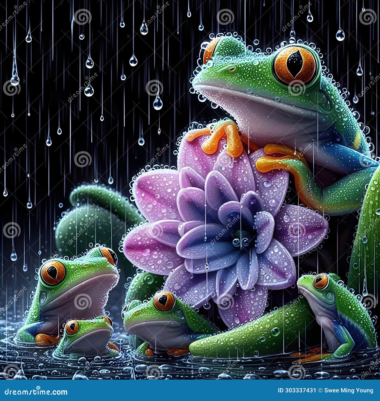 Image of the Raining Scenery Where Frogs are Under a Flower Soaking Wet ...