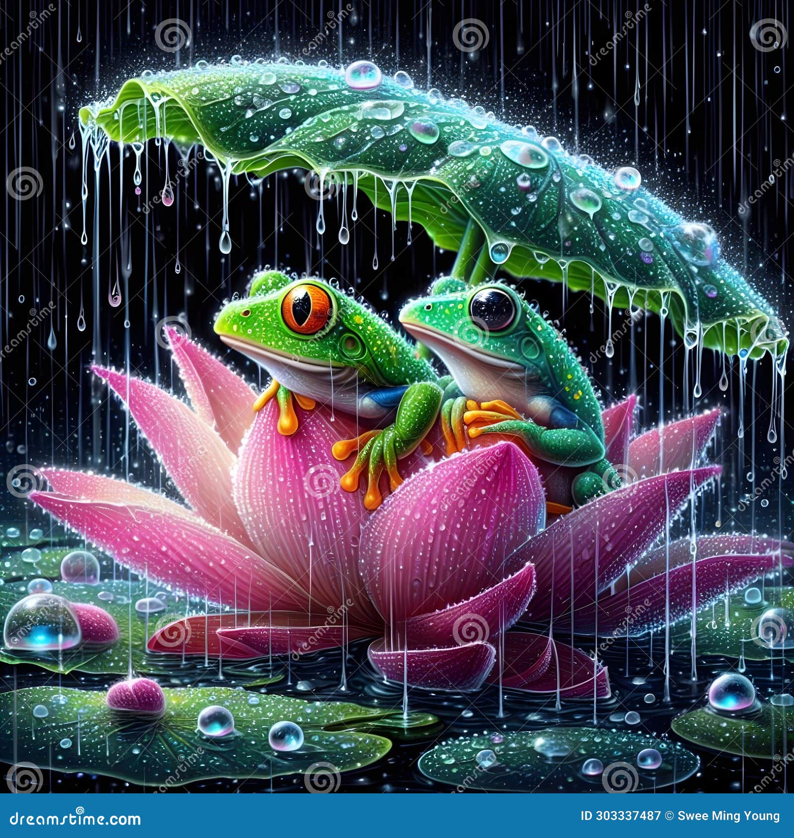 Image of the Raining Scenery Where Frogs are Under a Flower Soaking Wet ...
