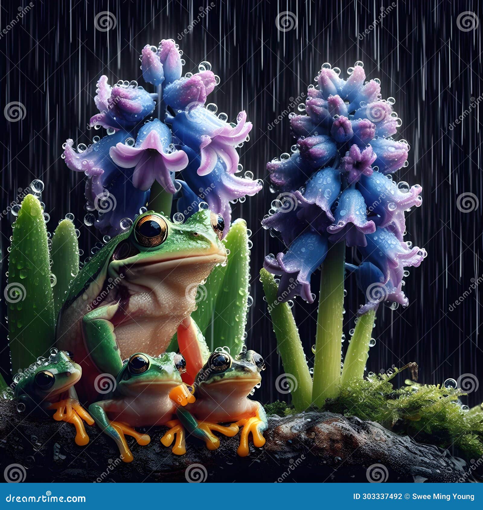 Image of the Raining Scenery Where Frogs are Under a Flower Soaking Wet ...
