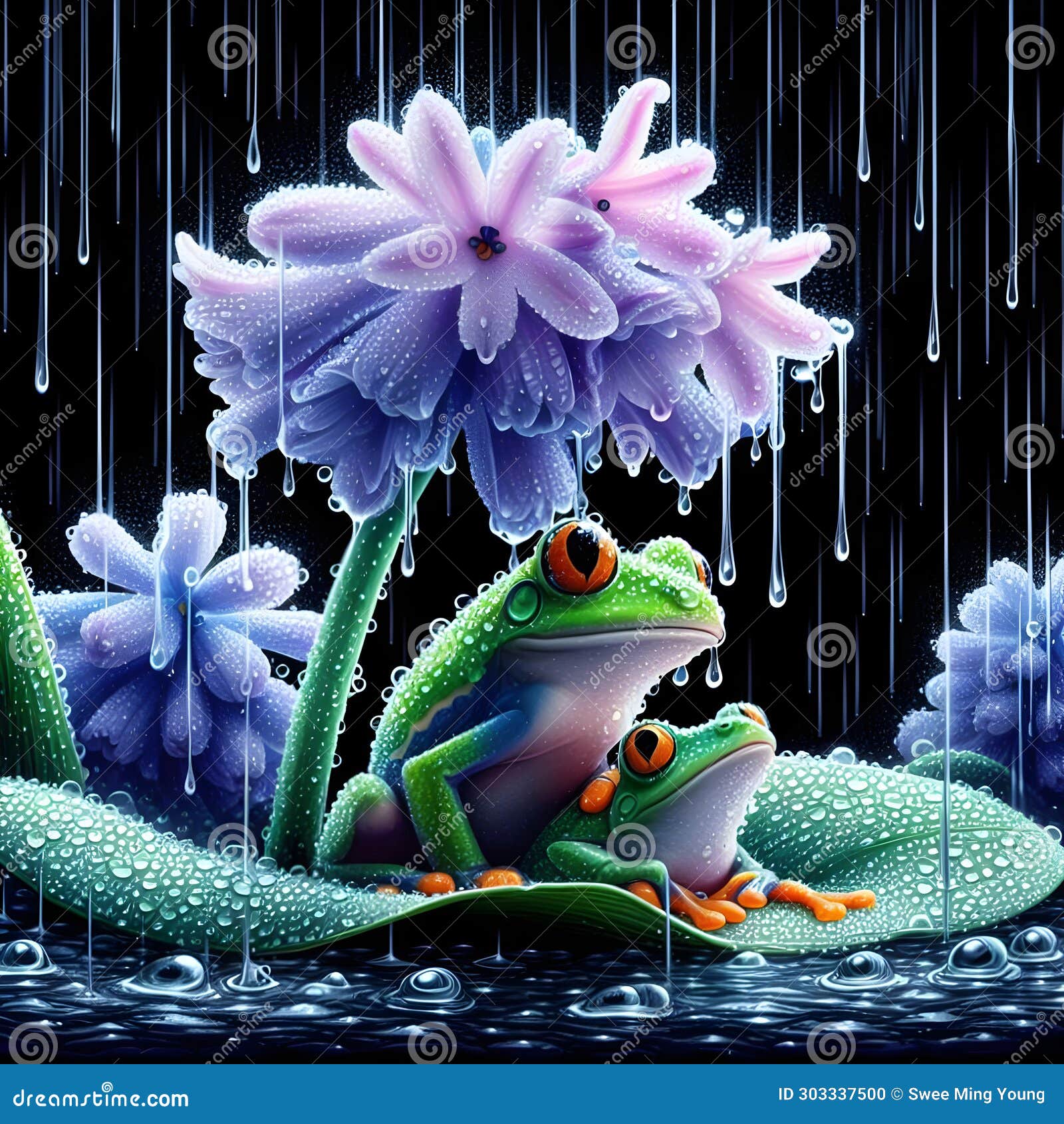 Image of the Raining Scenery Where Frogs are Under a Flower Soaking Wet ...