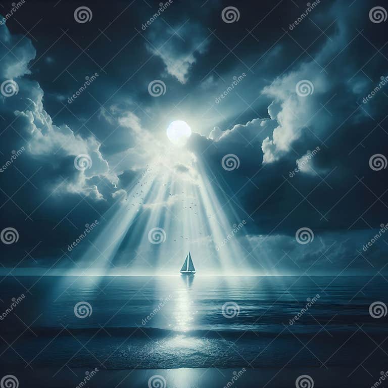 Image of Rays of Moonlight Breaking through the Cloudy Night Sky ...