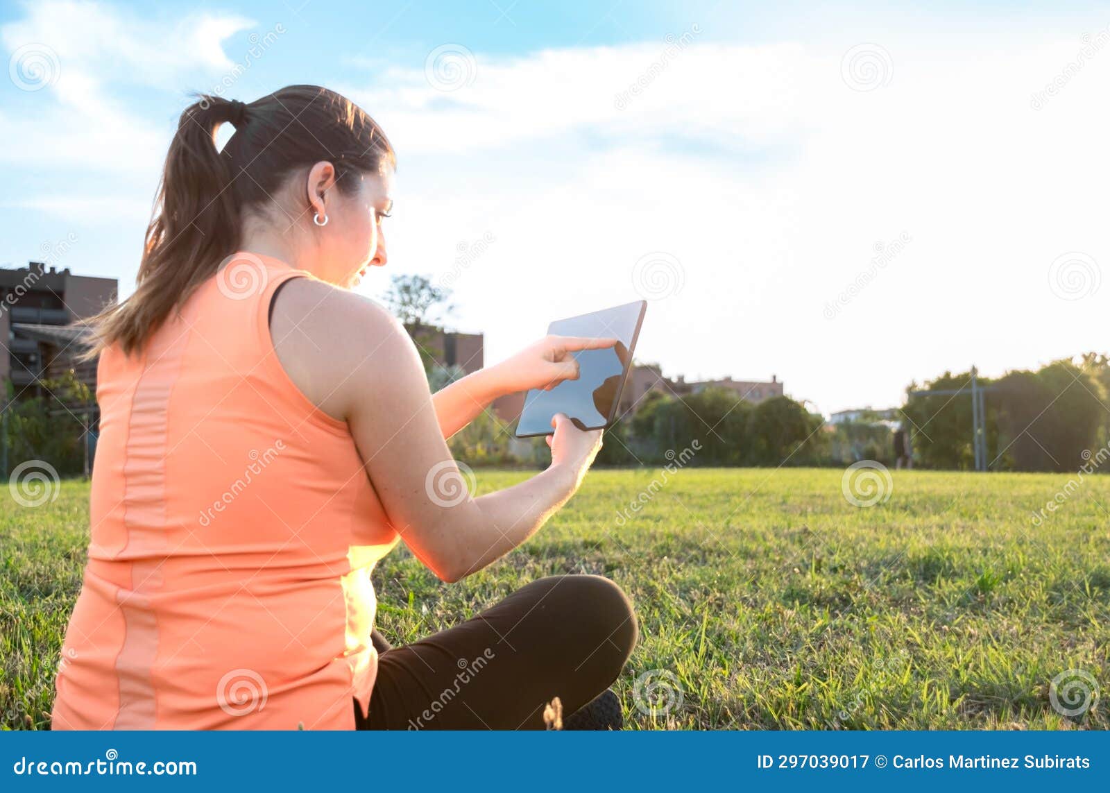 Rear View of Young Woman Using Tablet in Park with Beautiful Sky Stock ...
