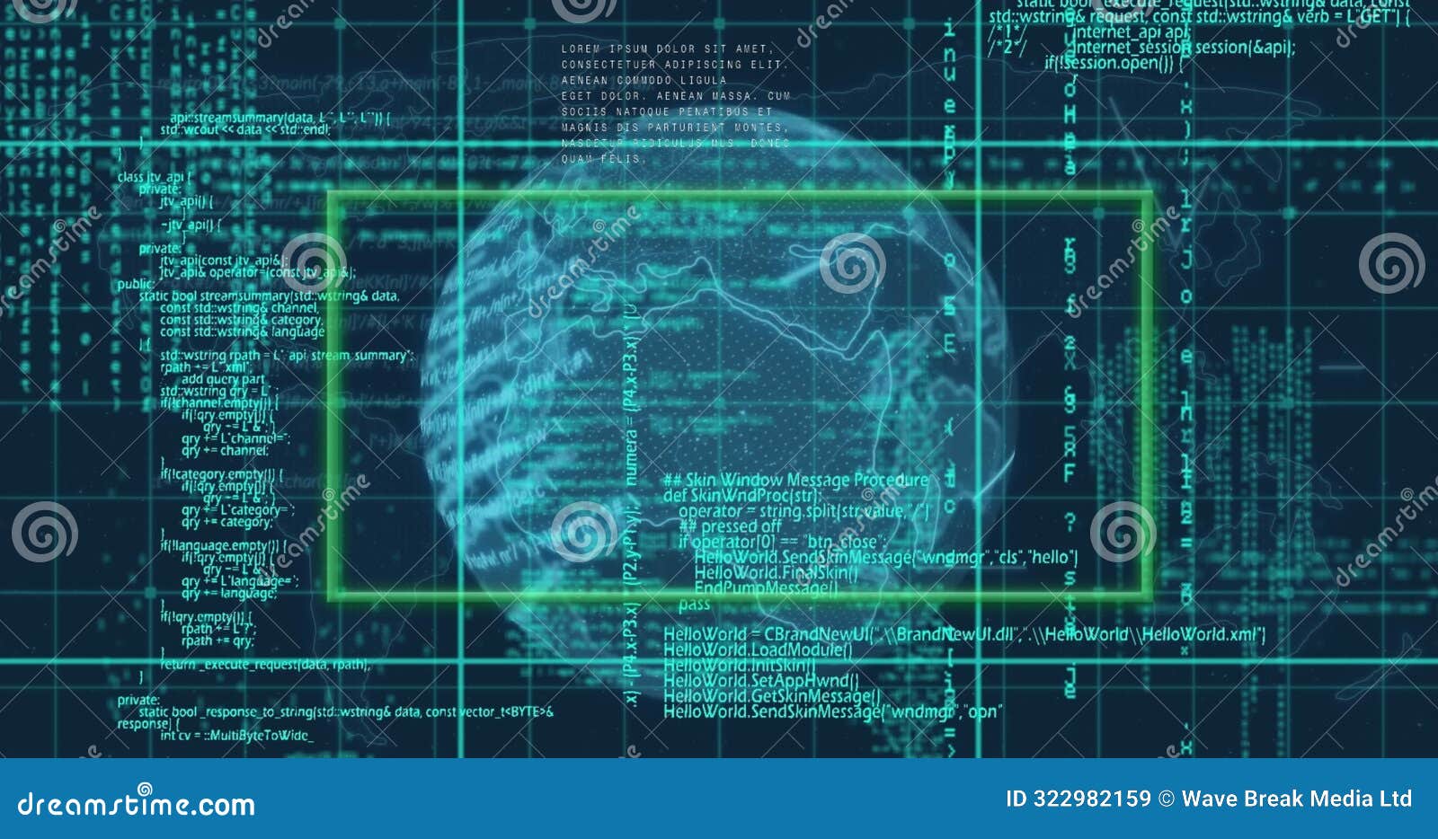 Image of Rectangle Shape with Rotating Globe, Map and Computer Language Over Grid Pattern Stock ...