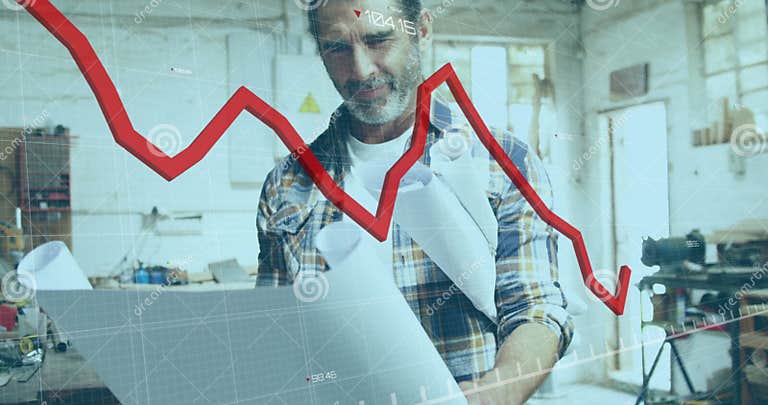 Image of Red Graph Processing Over Mature Caucasian Male Carpenter with ...
