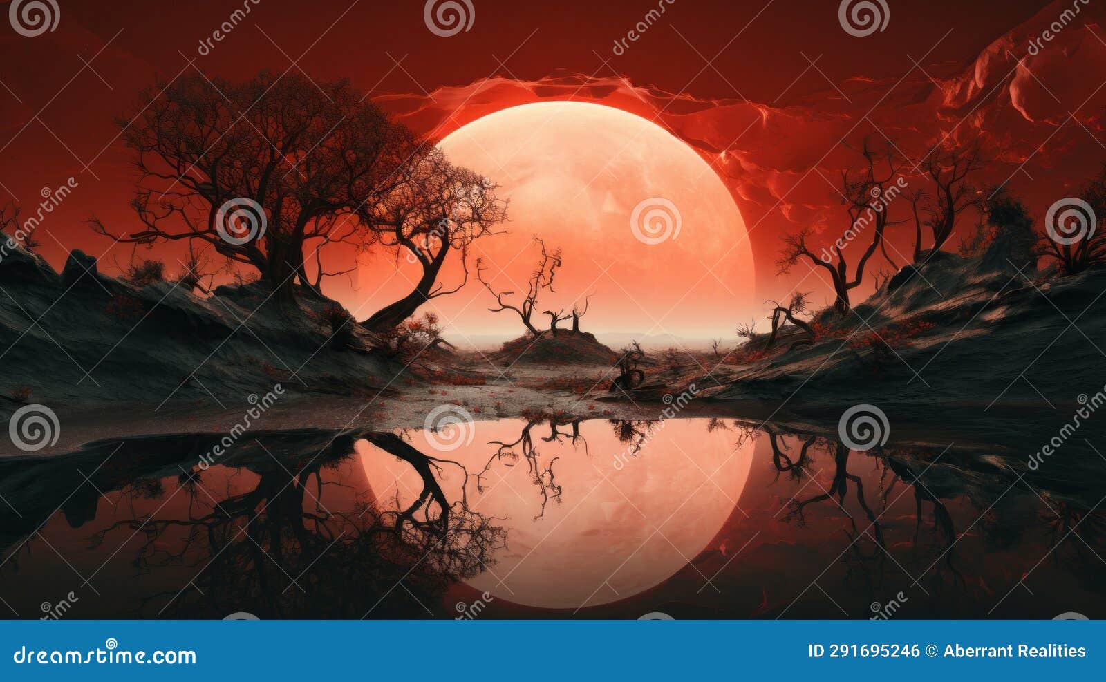 An Image of a Red Moon with Trees in the Background Stock Illustration ...