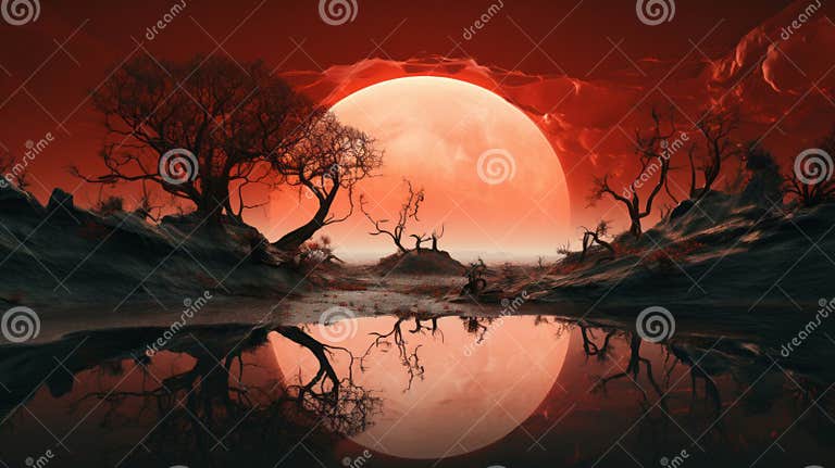 An Image of a Red Moon with Trees in the Background Stock Illustration ...