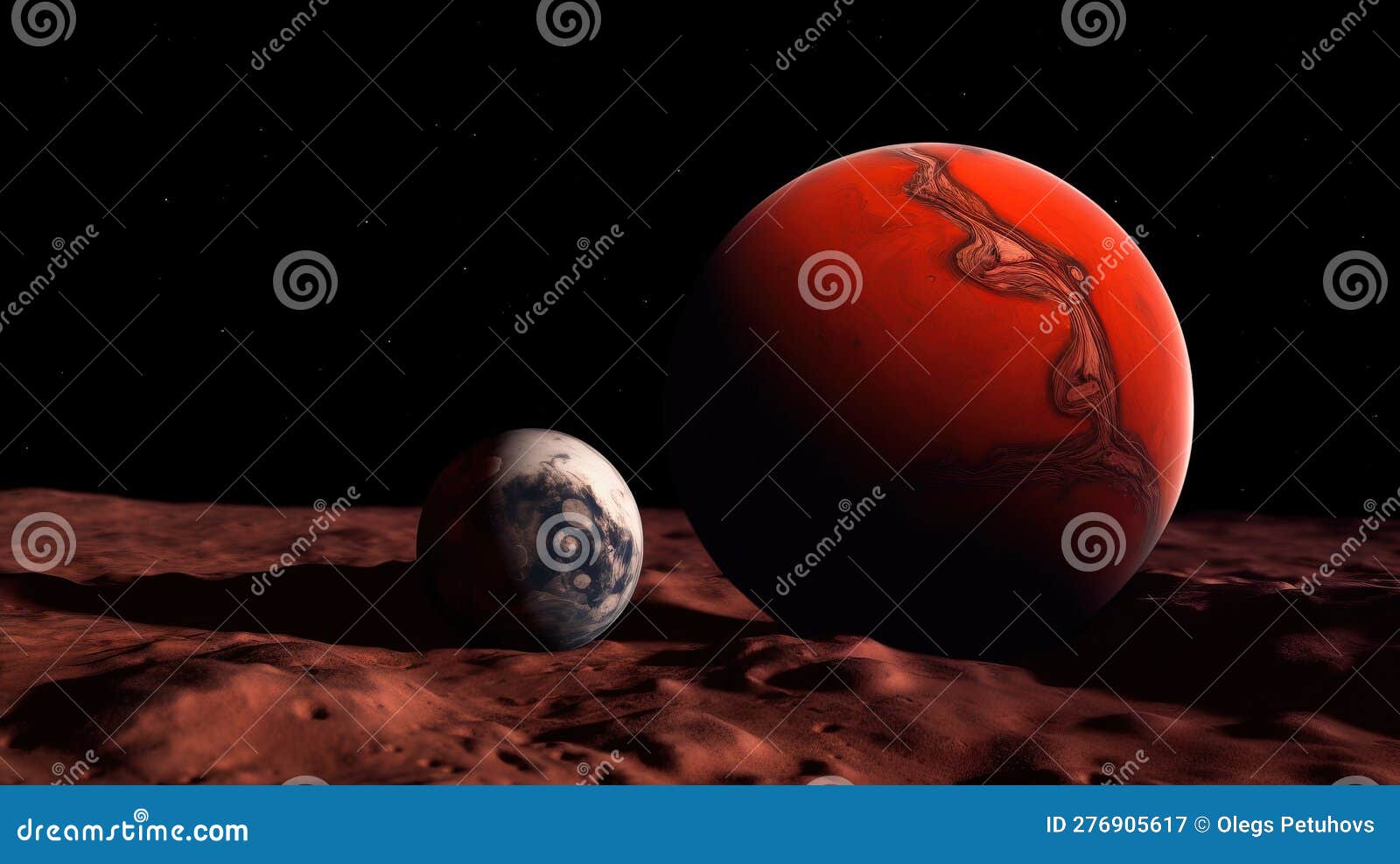 An Image of a Red Planet and a Blue Planet on the Surface of the Moon ...