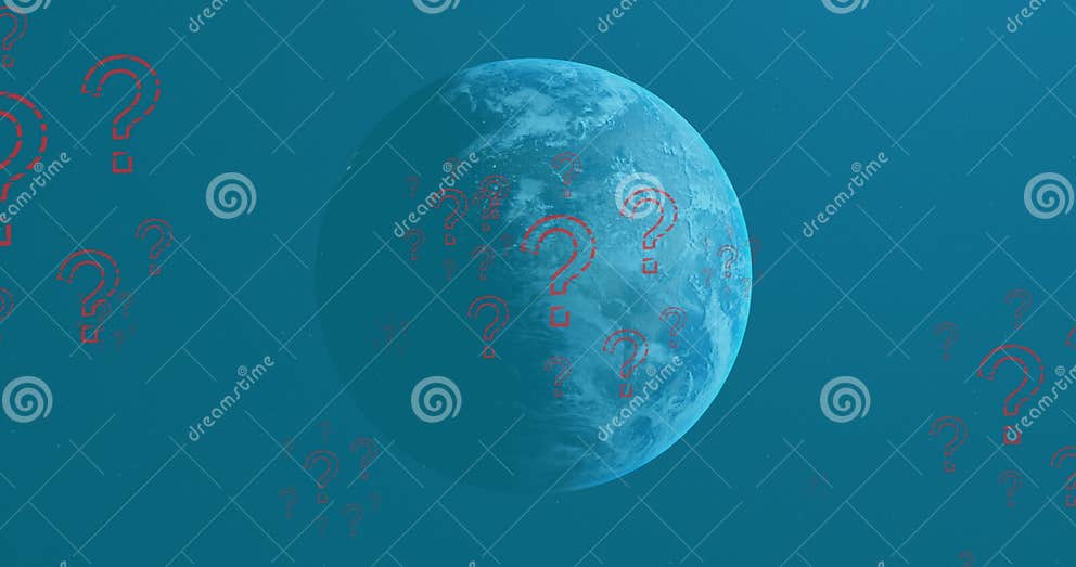 Image of Red Question Marks Flying Over Blue Globe on Blue Background ...