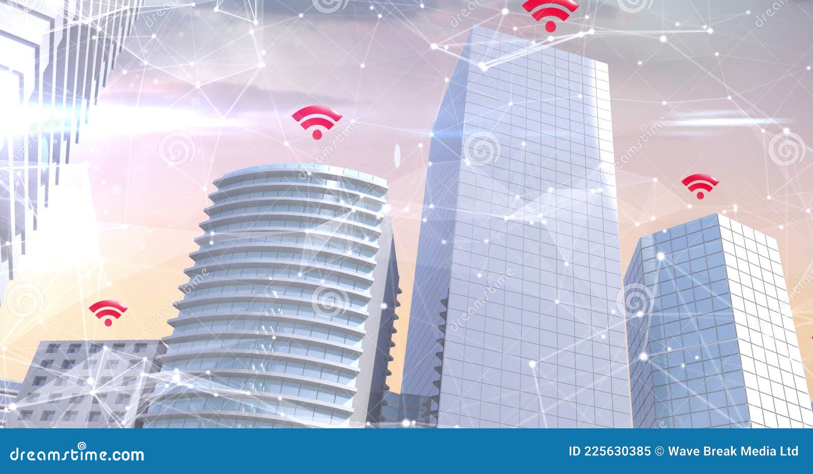 Image of Red Wifi Symbols and Network of Connections Over Cityscape ...