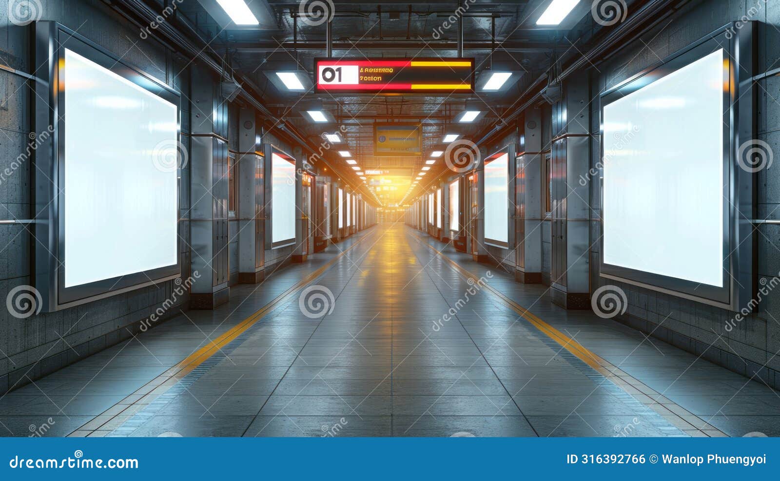 The Image Reference Shows a Long, Brightly Lit Subway Tunnel with Blank ...