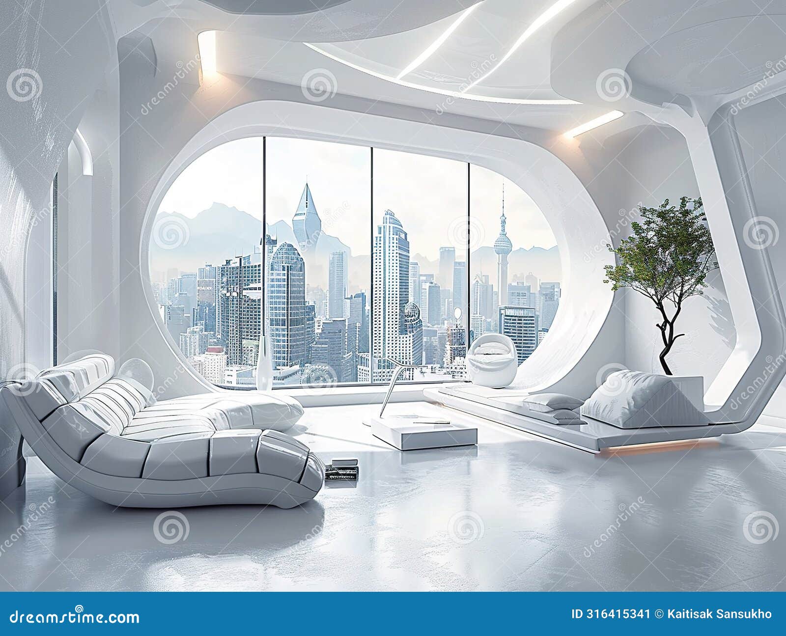 Modern Living Room with a Large Window Overlooking a City Skyline. the ...