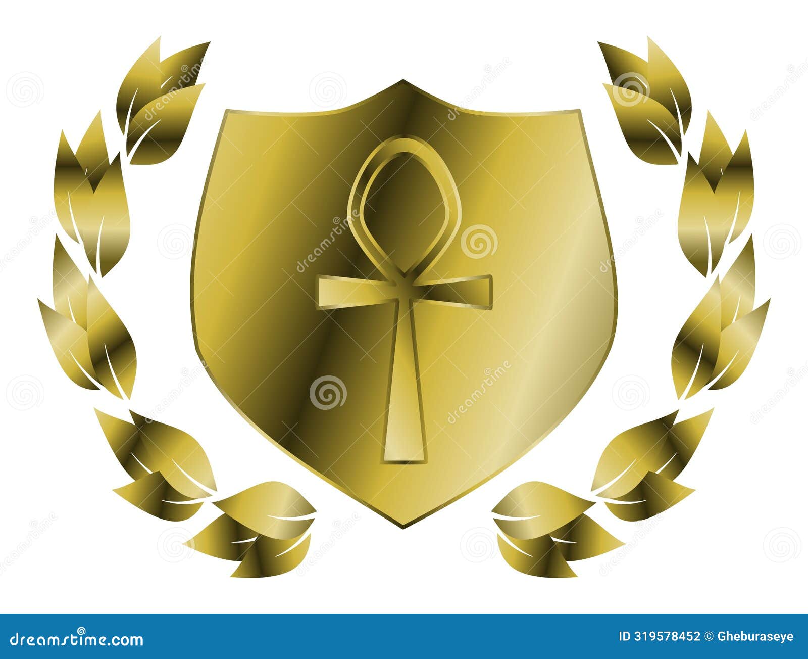 Ankh Symbol in Shield with Laurel Wreath, Gold, Ancient Egypt, Isolated ...