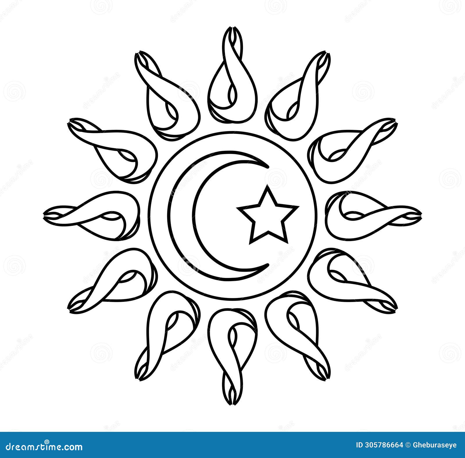 Stylized Sun with Crescent Moon and Star, Islam, Black and White ...