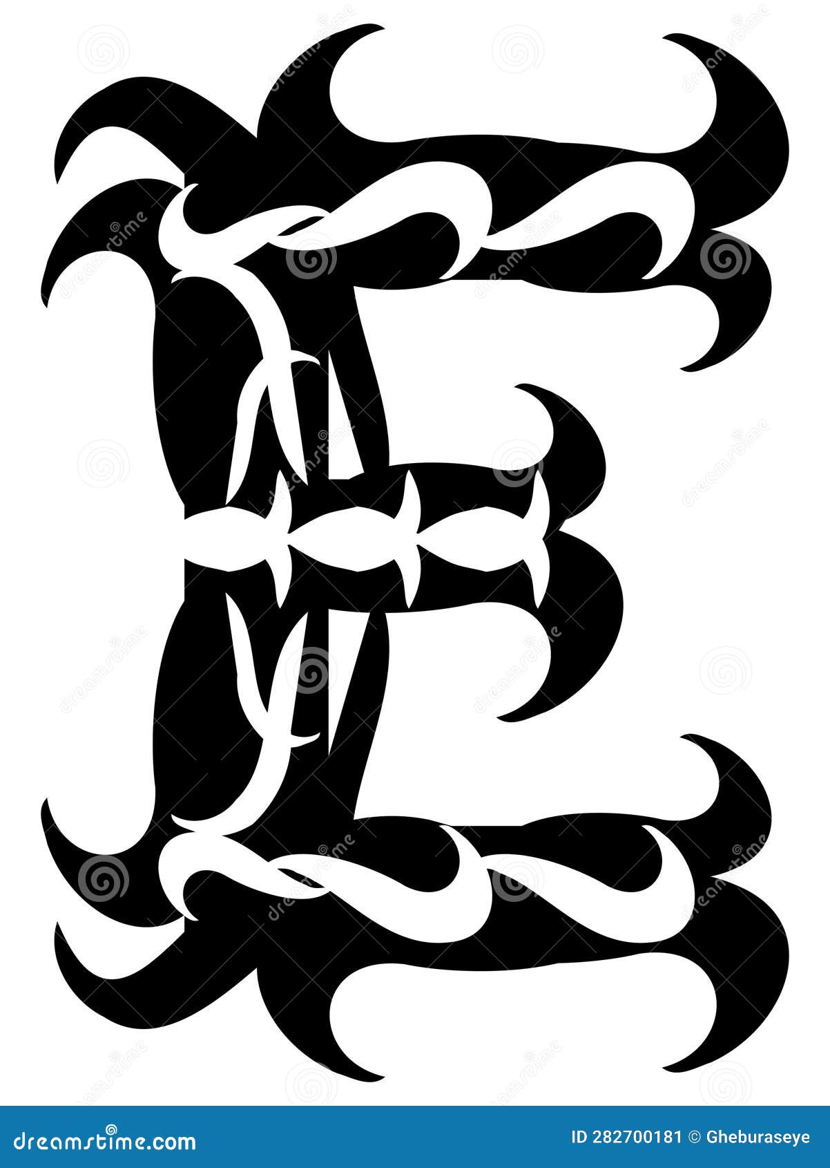 Decorated Letter E, Tattoo, Black and White, Isolated. Stock ...