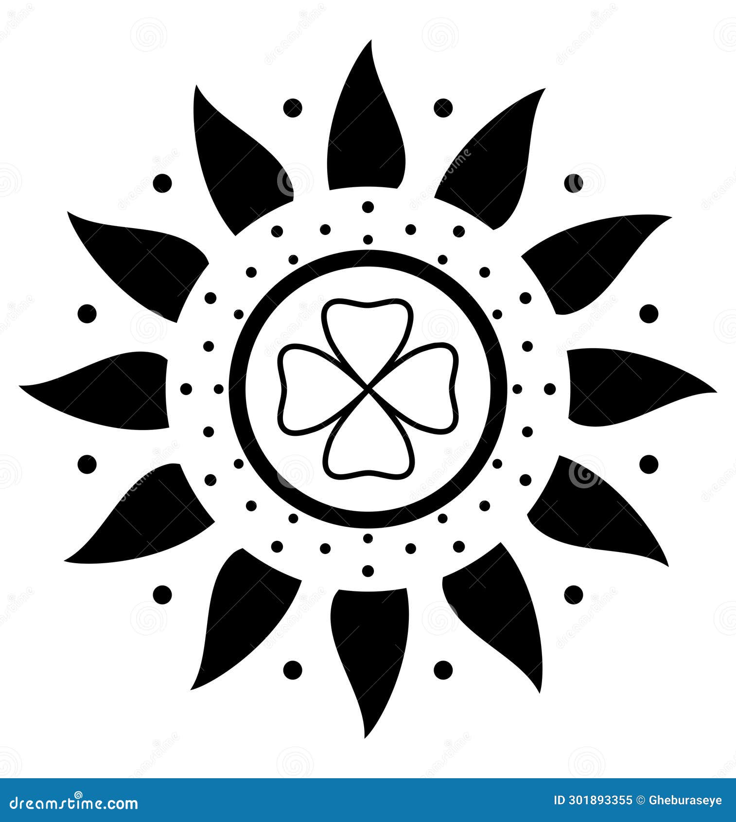 Four-leaf Clover in Stylized Sun, Black and White, Isolated. Stock ...