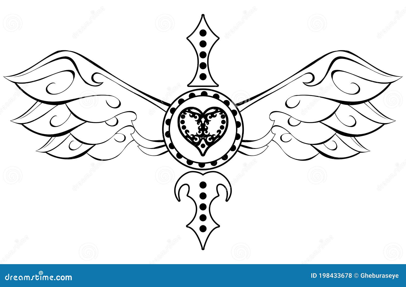 Heart with Winged Decoration, Symbol, Black and White, Isolated. Stock ...