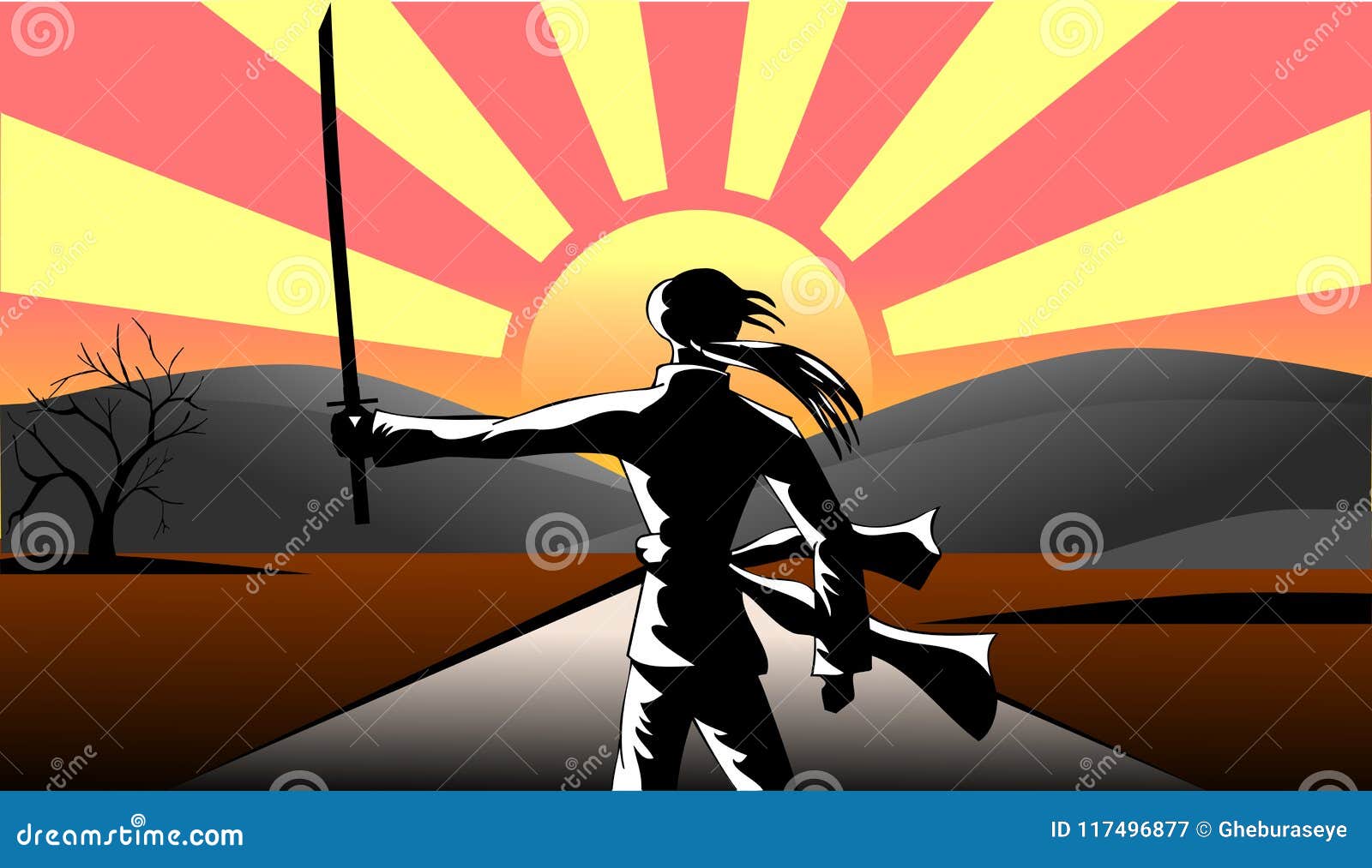 Samurai at Sunset in Landscape Stock Illustration - Illustration of ...