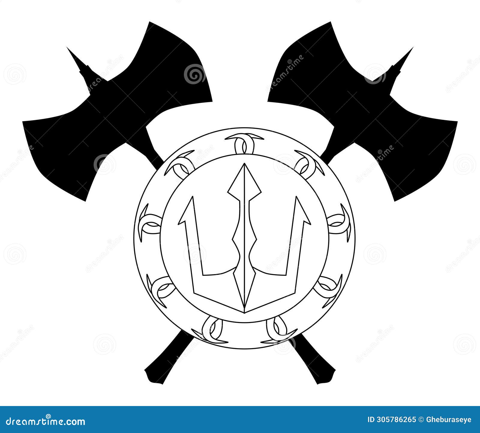 Trident with Double Axes and Shield, Black and White, Isolated. Stock ...