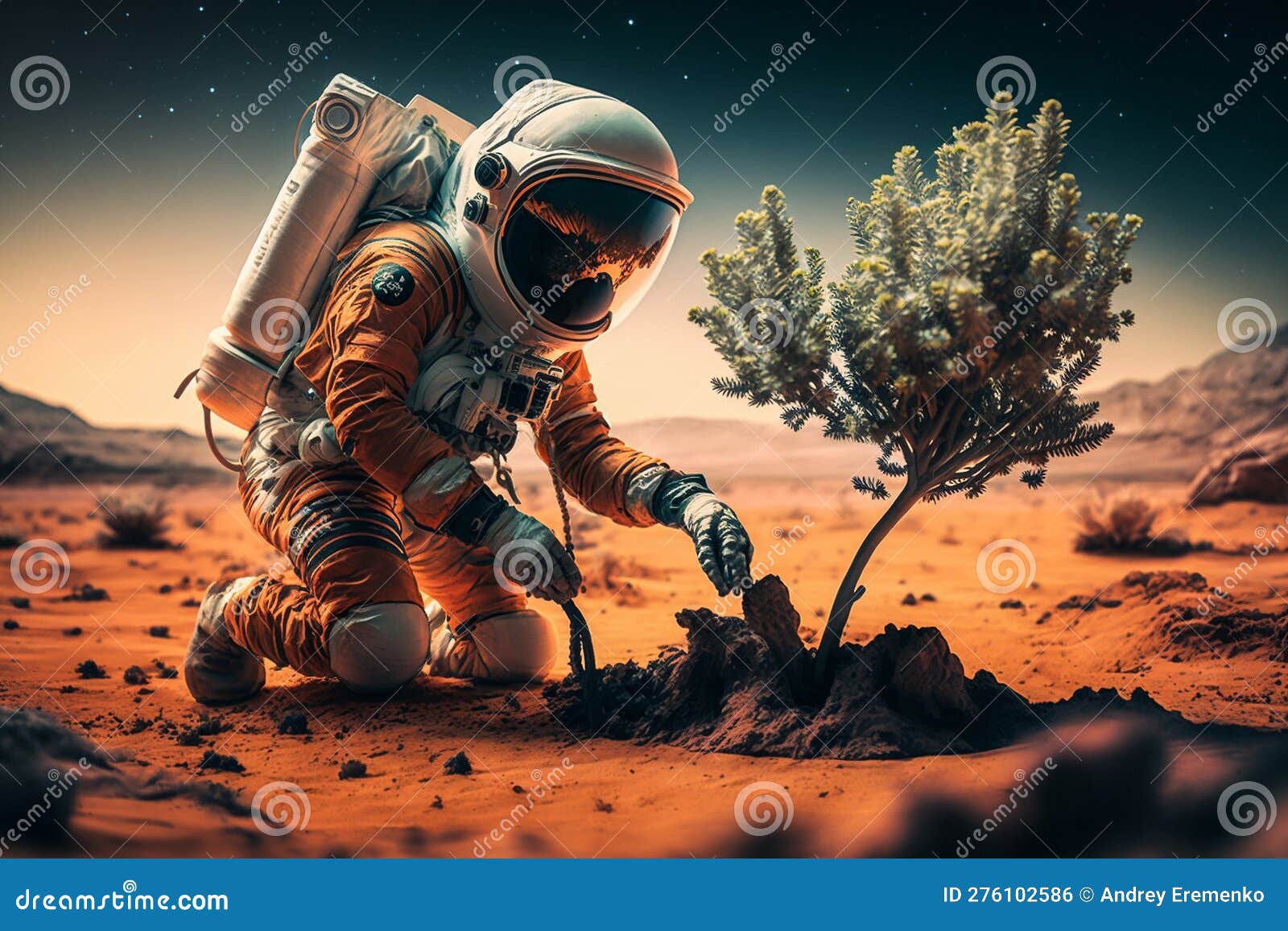 Astronaut Planting a Tree on Planet Mars. Generative Ai Stock ...