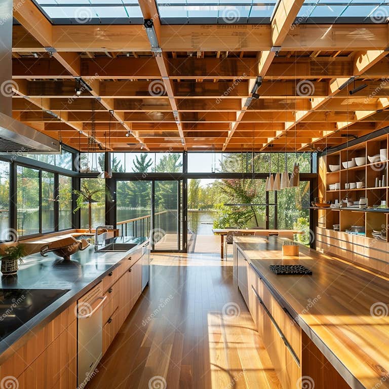 Wooden Kitchen with a Stunning View of a Large Body of Water Stock ... Wooden Kitchen with a Stunning View of a Large Body of Water Stock ...