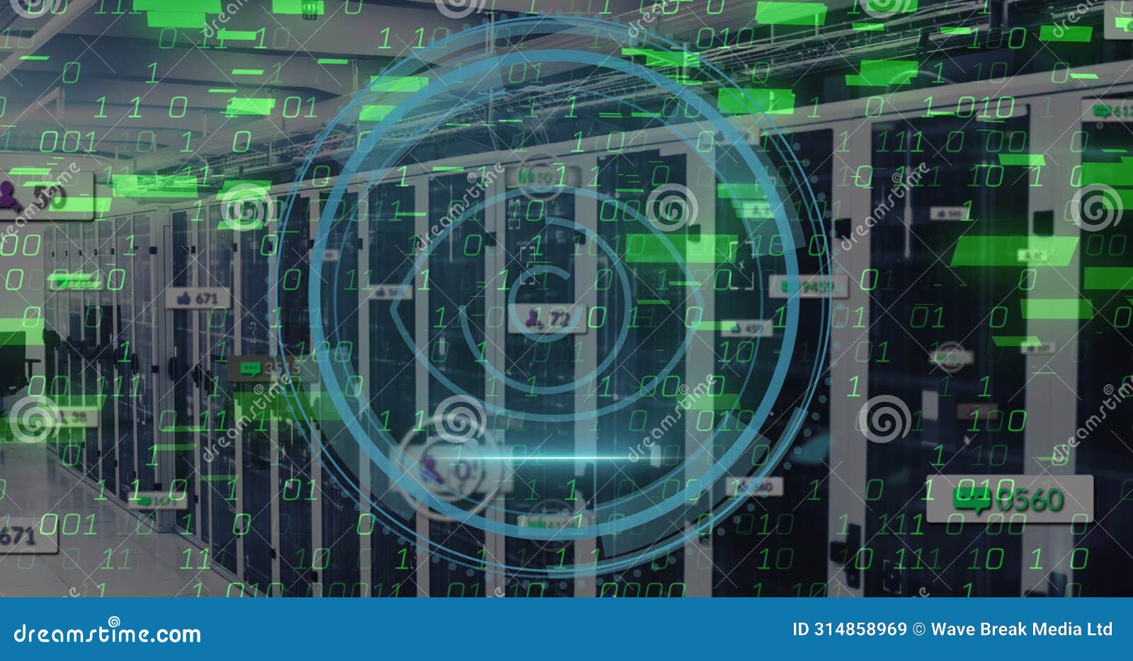 Image of Retina Eye Scanner, Binary Coding and Social Media Icons ...