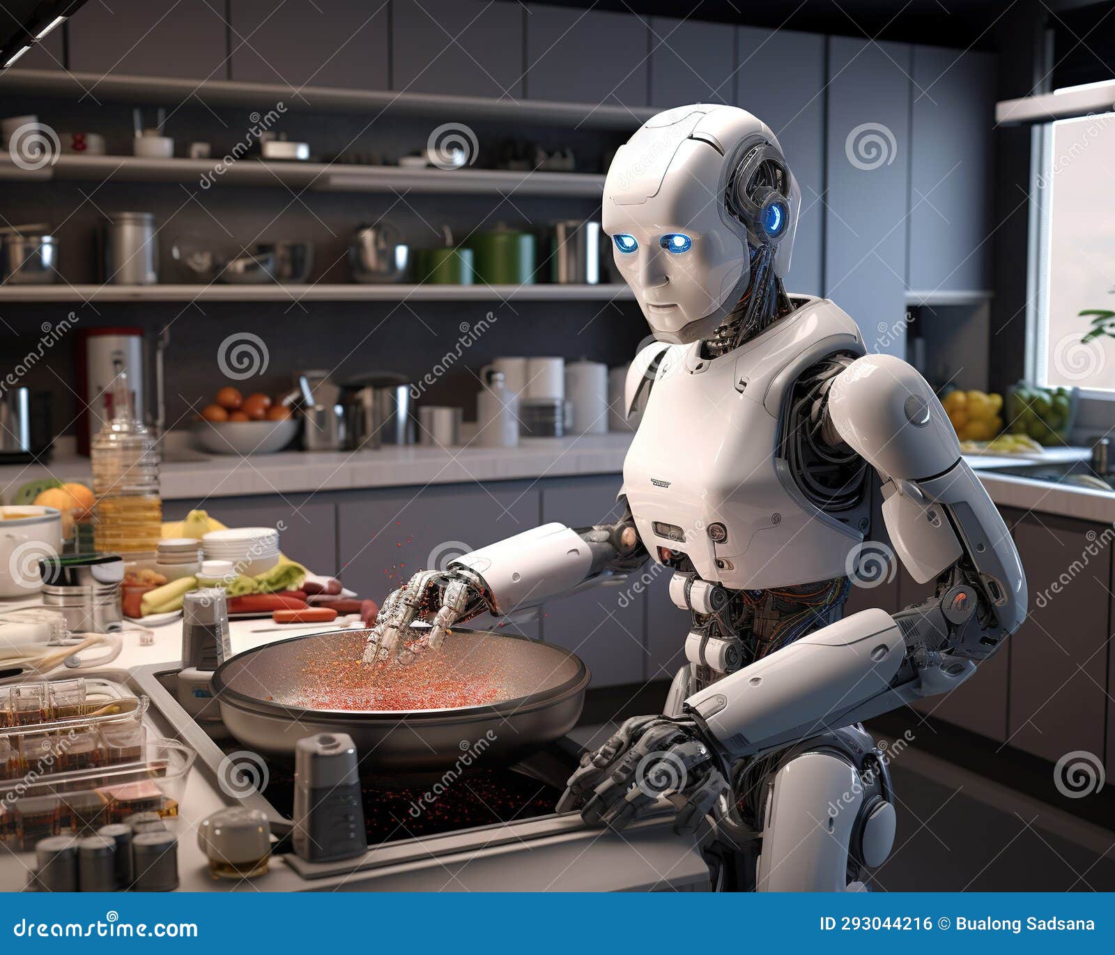 The Robot Cooks in the Kitchen Stand at the Stove. Stock Illustration ... The Robot Cooks in the Kitchen Stand at the Stove. Stock Illustration ...