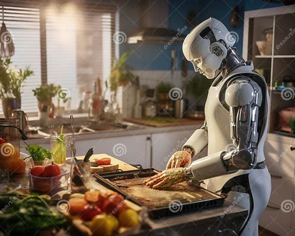 The Robot Cooks in the Kitchen Stand at the Stove. Stock Illustration ...