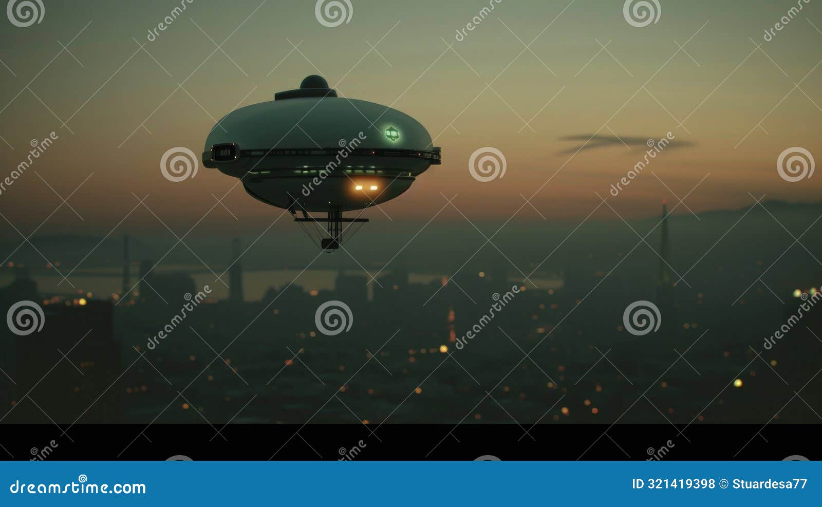 Futuristic Drone Hovering Over City at Dusk Stock Photo - Image of modern, scifi: 321419398