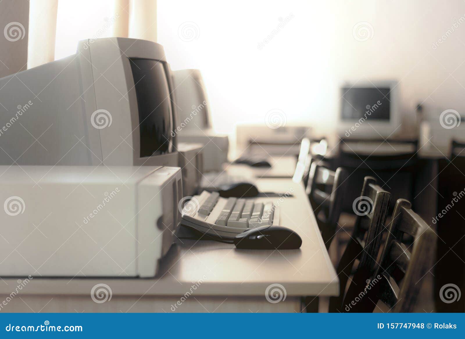 Retro computer room stock photo. Image of desk, accessories - 157747948