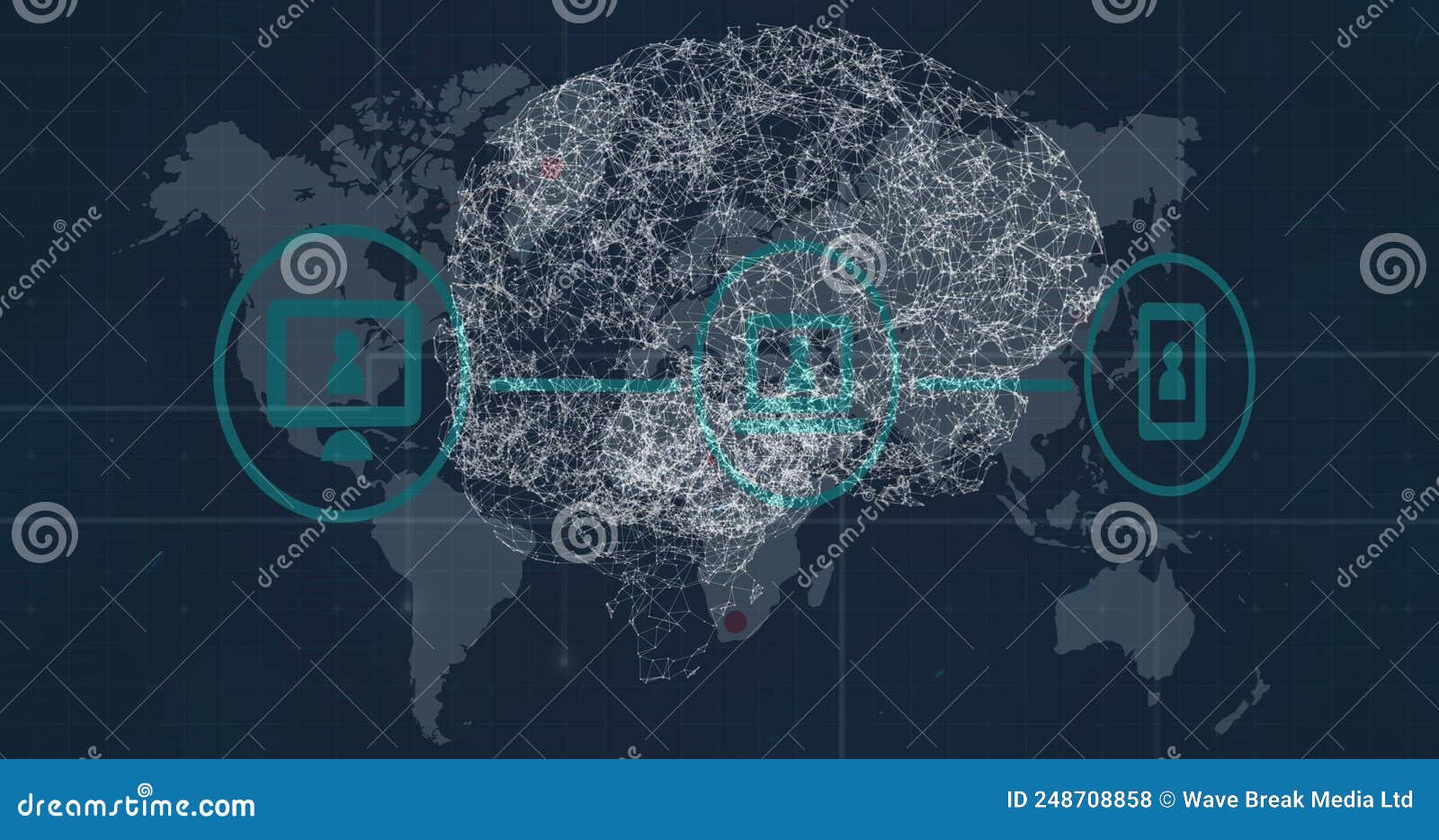 Image of Rotating Brain with Connections Over Icons and World Map Stock ...