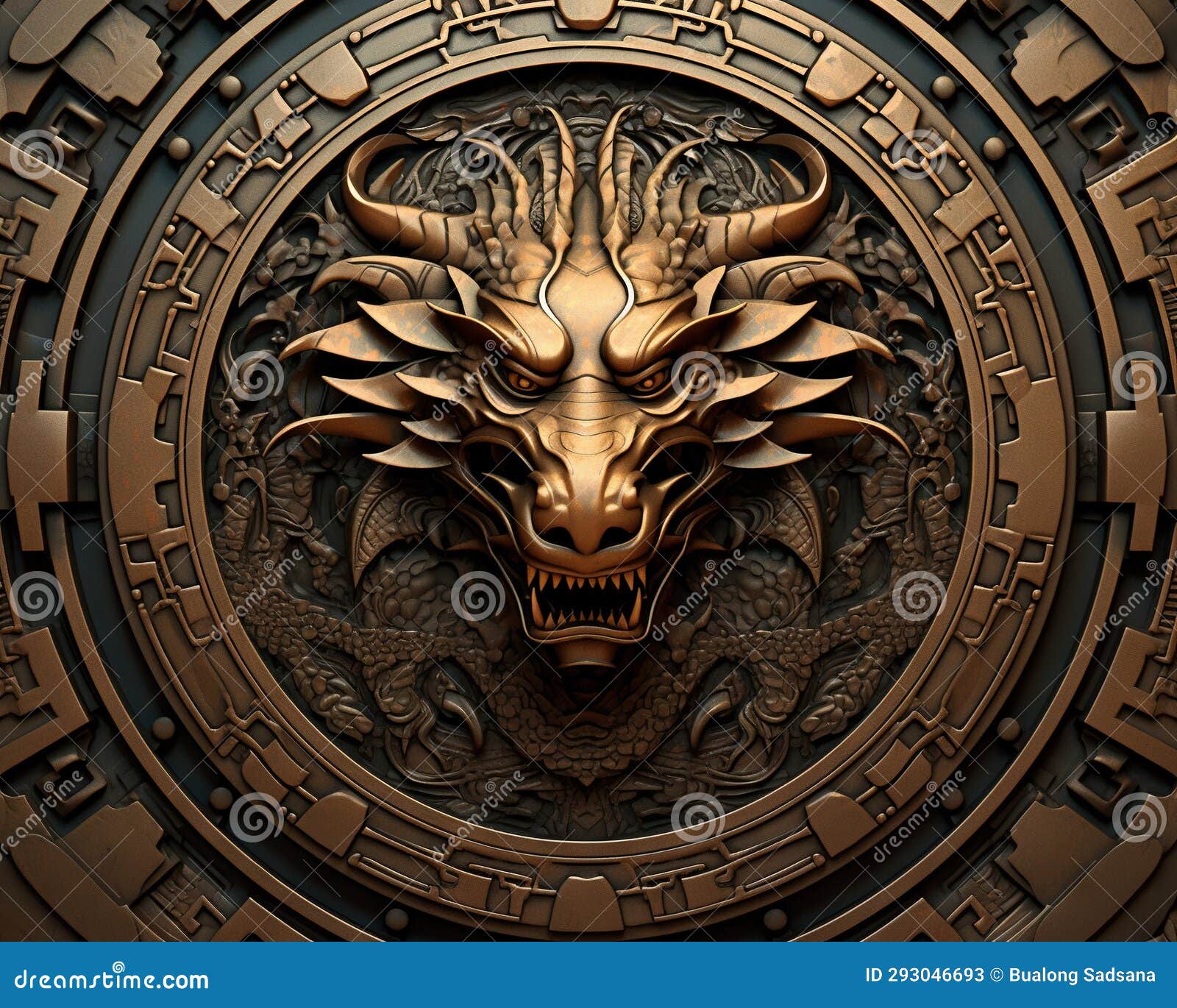 Dragon Head in the Middle of a Round Bronze Pattern. Stock Illustration ...