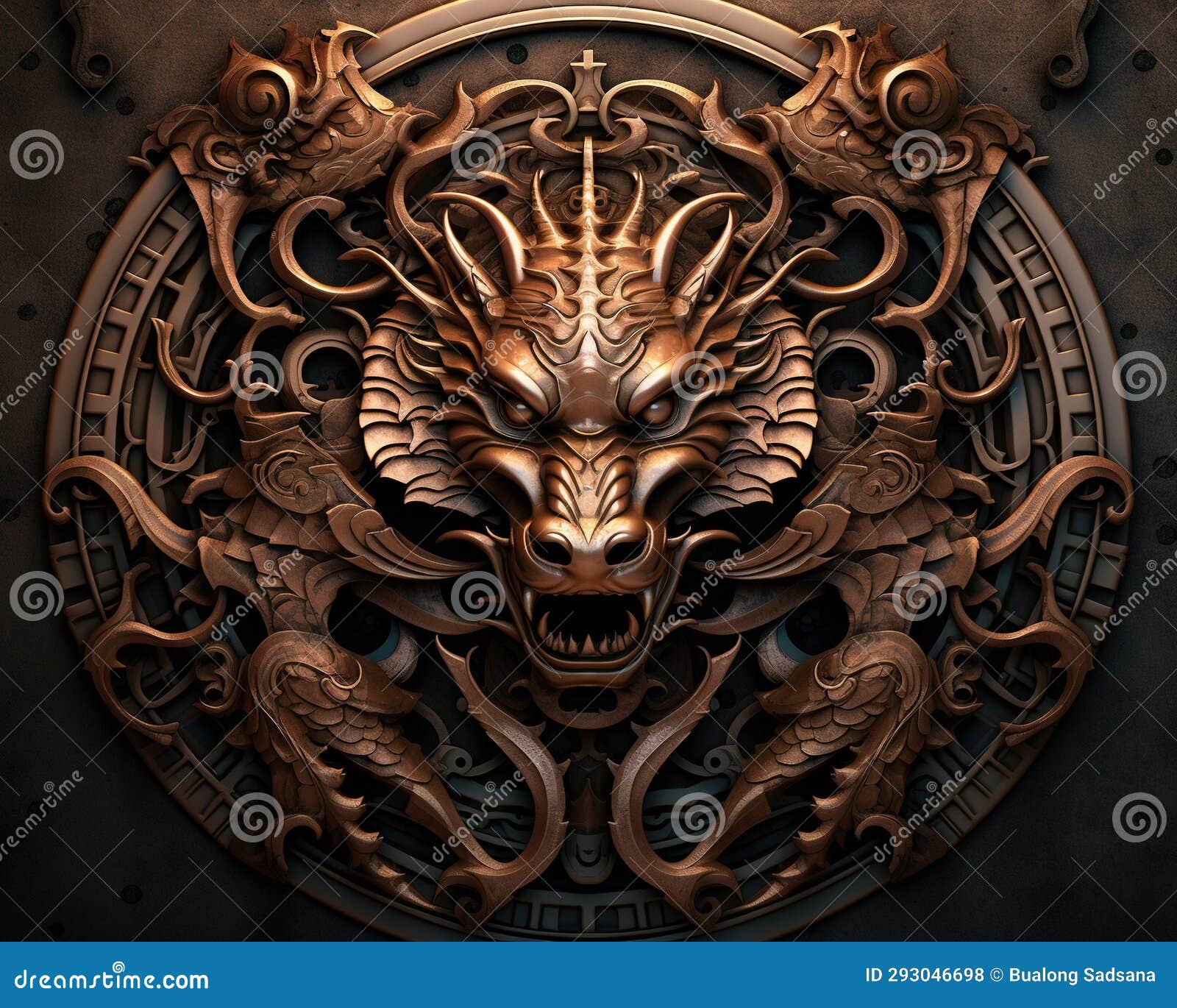 Dragon Head in the Middle of a Round Bronze Pattern. Stock Illustration ...