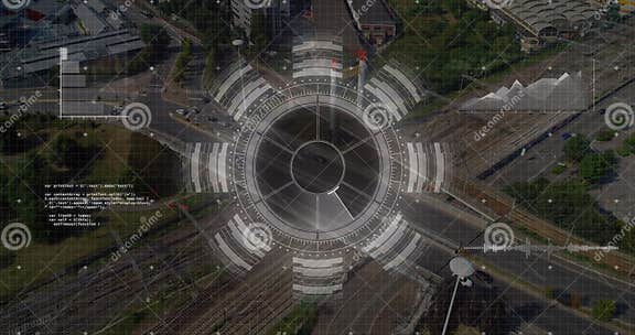 Image of Round Scanner and Data Processing Against Aerial View of City ...
