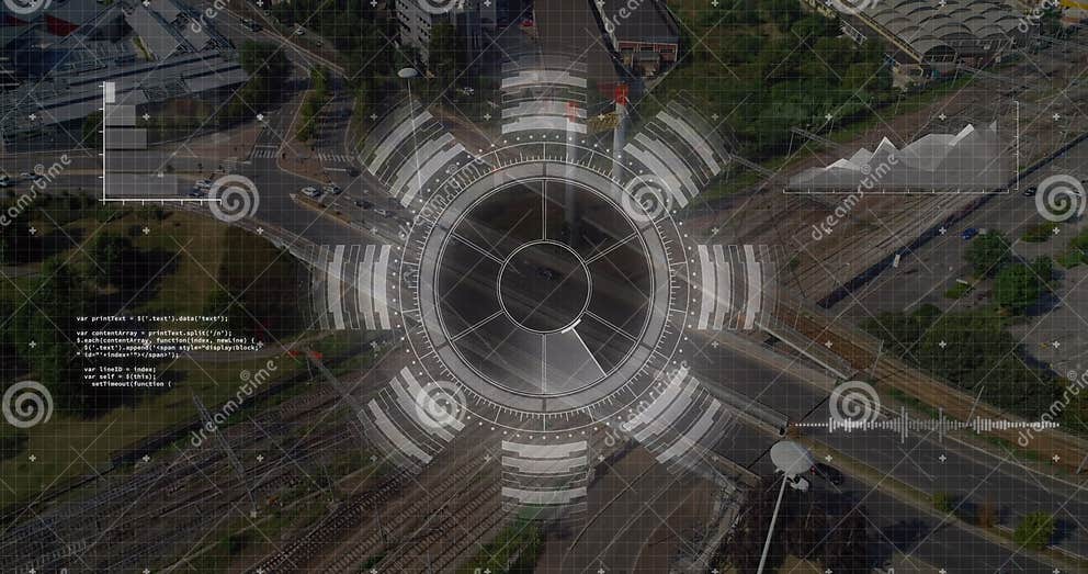 Image of Round Scanner and Data Processing Against Aerial View of City ...