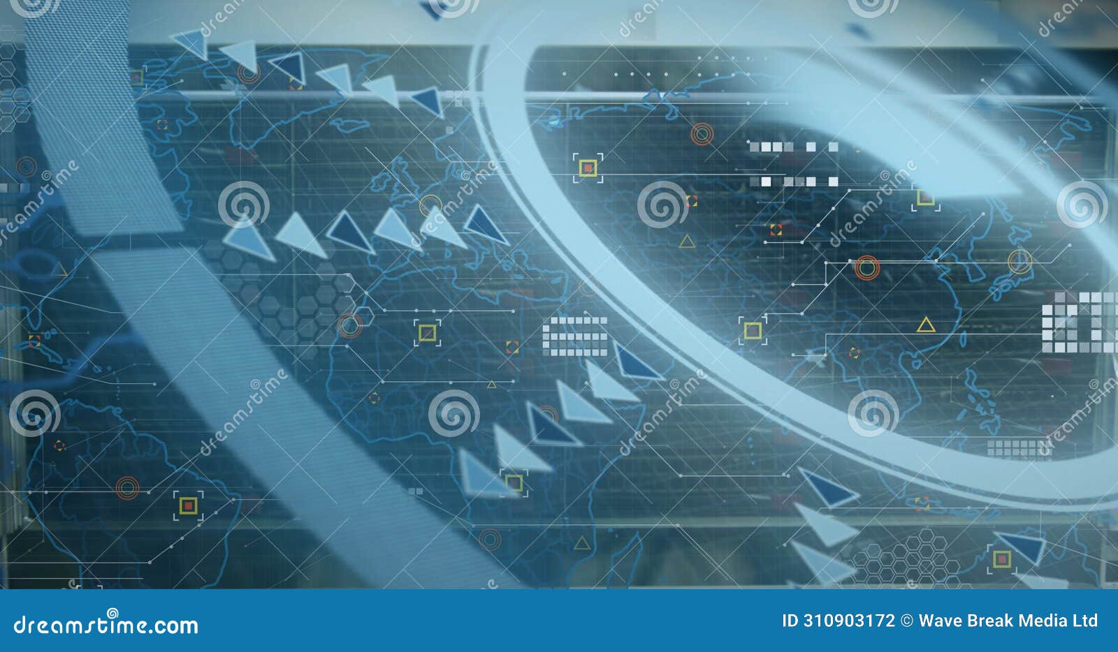 Image of Round Scanner and Data Processing Over World Map Against Blue ...