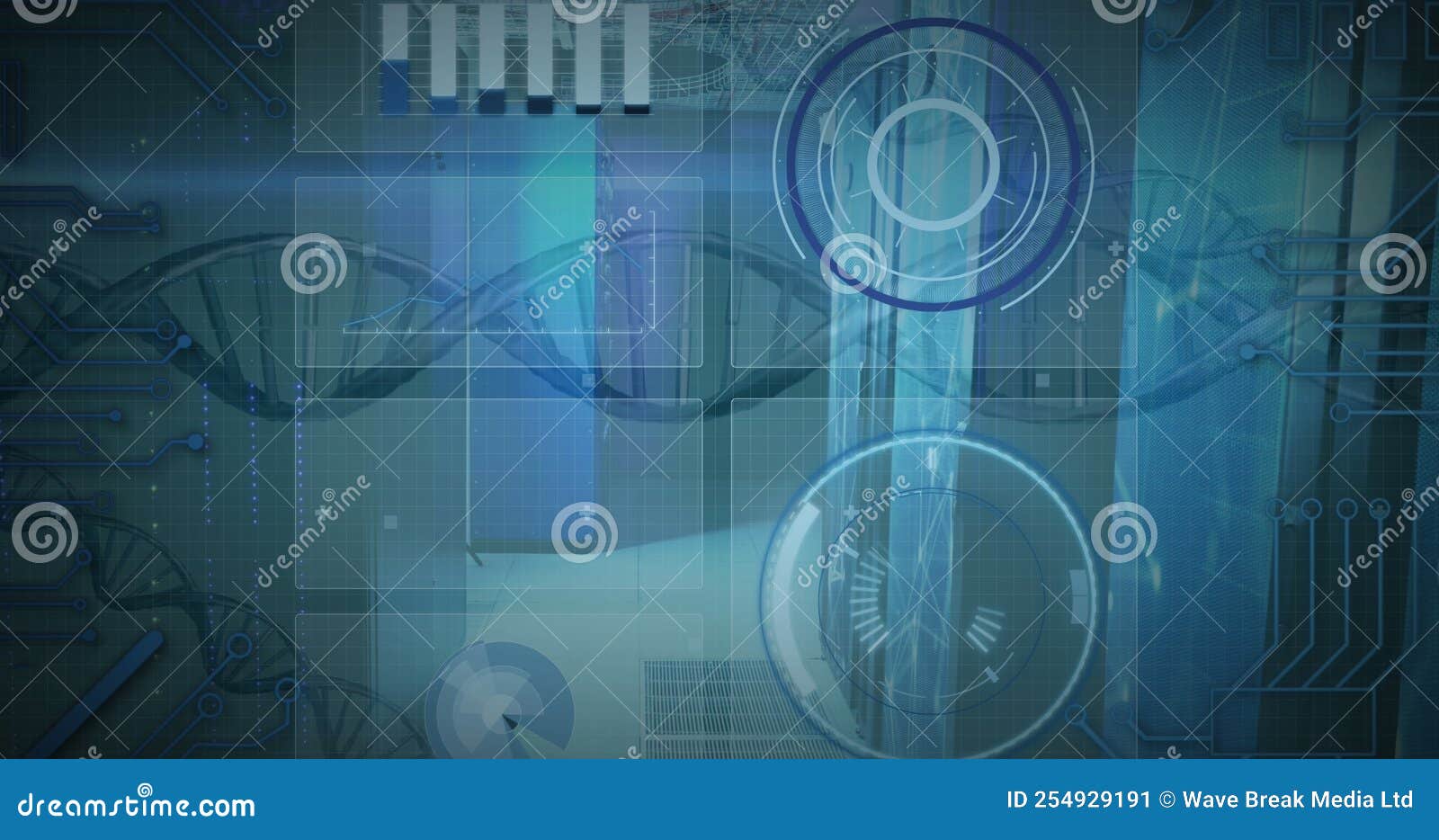 Image of Round Scanners, Data Processing and Dna Structures Spinning ...