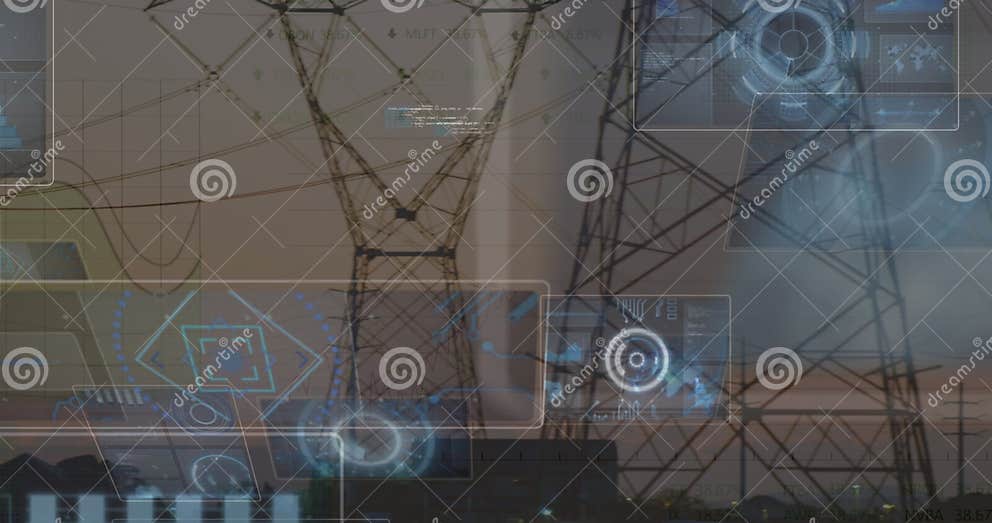 Image of Round Scanners and Data Processing Over Network Towers Against ...