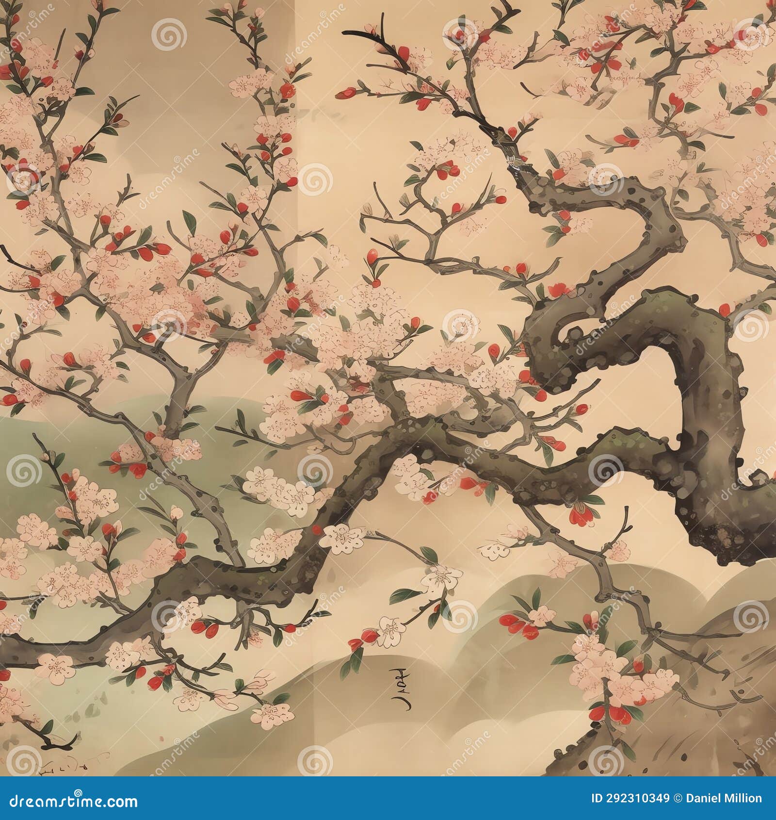Sakura Tree Old Paper, Vintage Digital Paper Stock Illustration ...