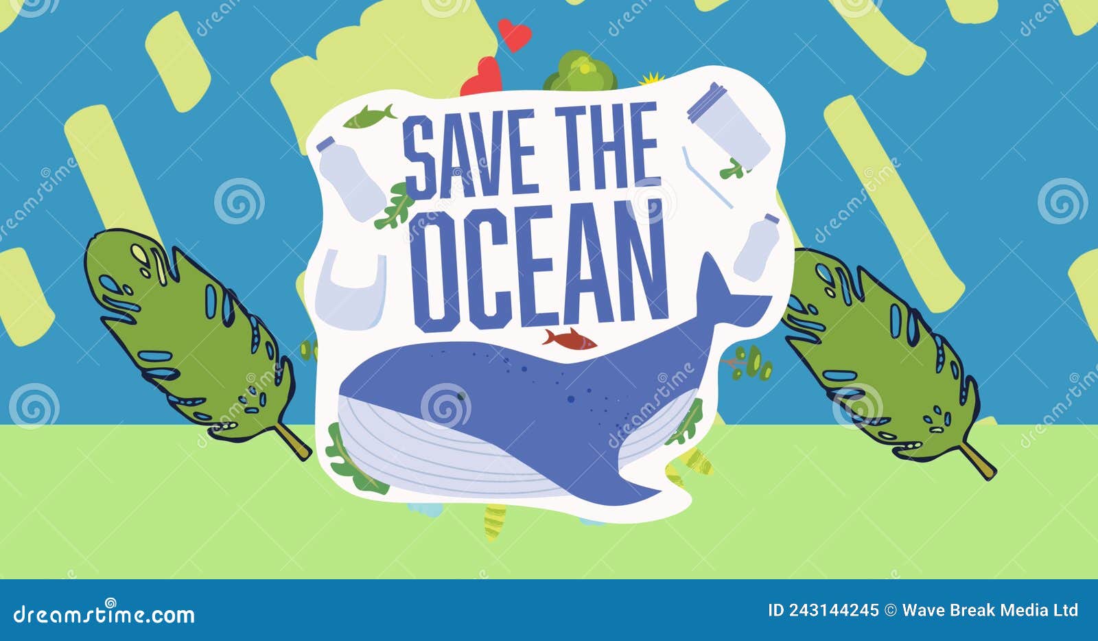 Image of Save the Ocean Text with Fish and Leaves on Blue and Green ...