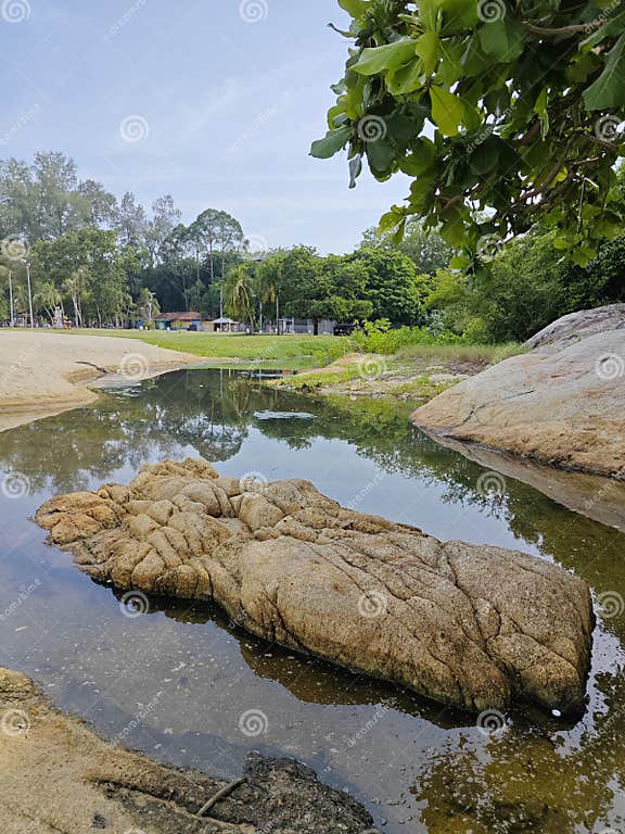 Scene of Boulder Laying Along the Sandy Beach Stock Photo - Image of ...