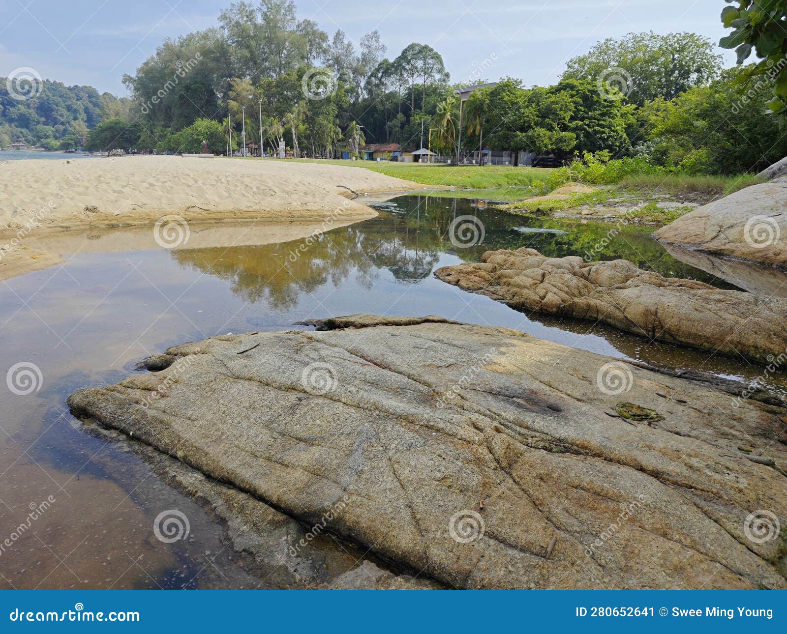 Scene of Boulder Laying Along the Sandy Beach Stock Image - Image of ...