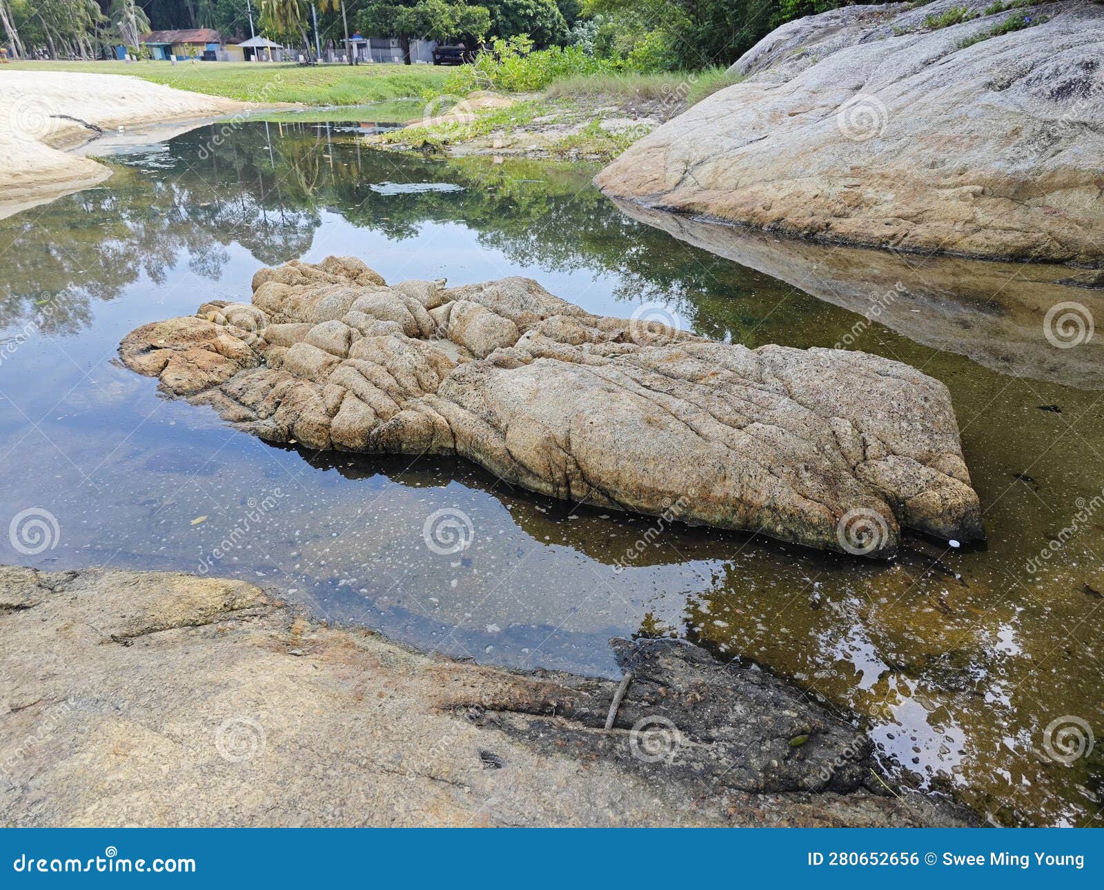 Scene of Boulder Laying Along the Sandy Beach Stock Photo - Image of ...