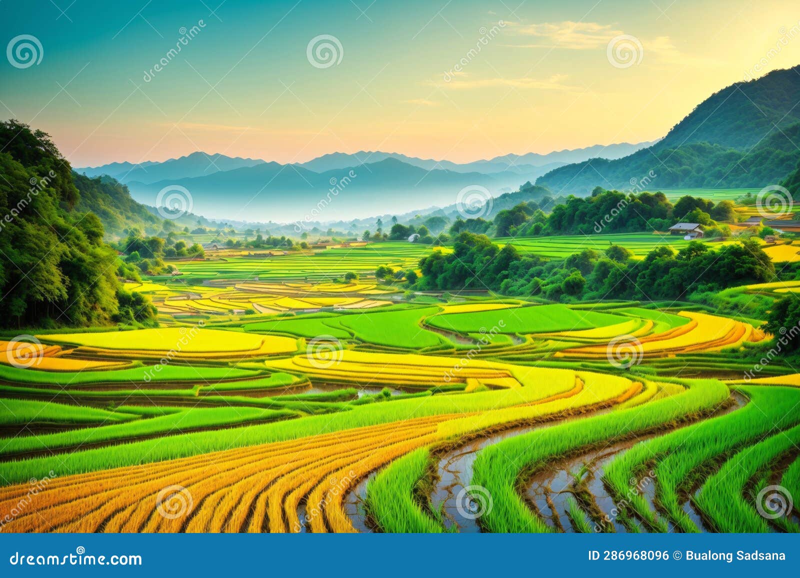 Scenery of the Rice Fields in the Evening Made with Generative AI Stock ...