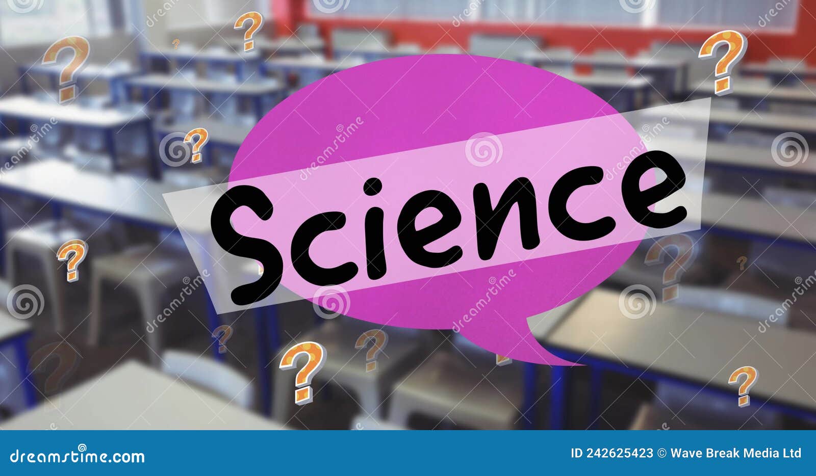 Image of Science Text with Question Marks Over Empty Classroom Stock ...