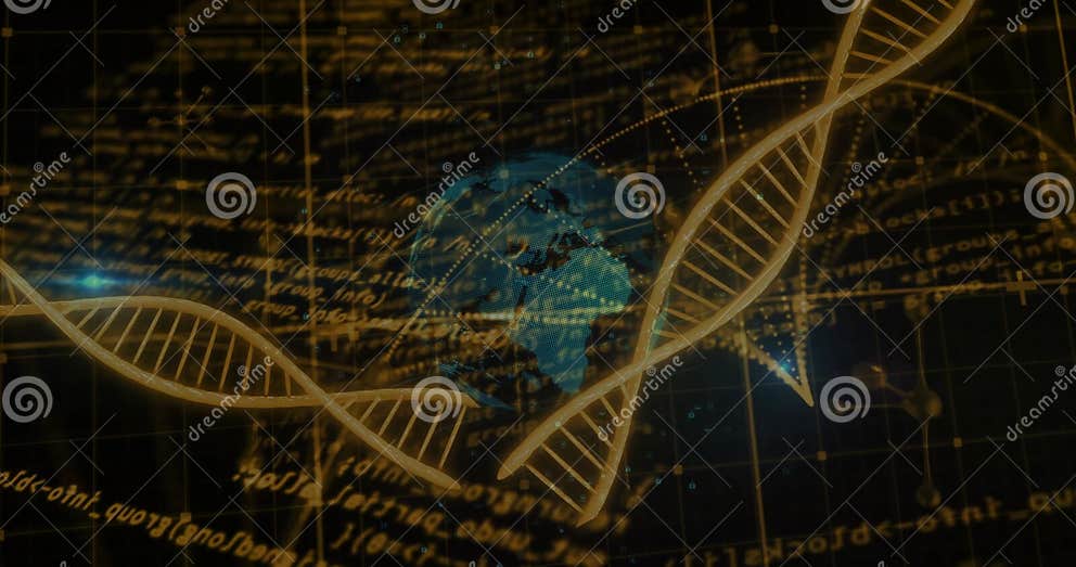 Image of Scientific Data Processing Over Globe and Dna Strands on Dark ...